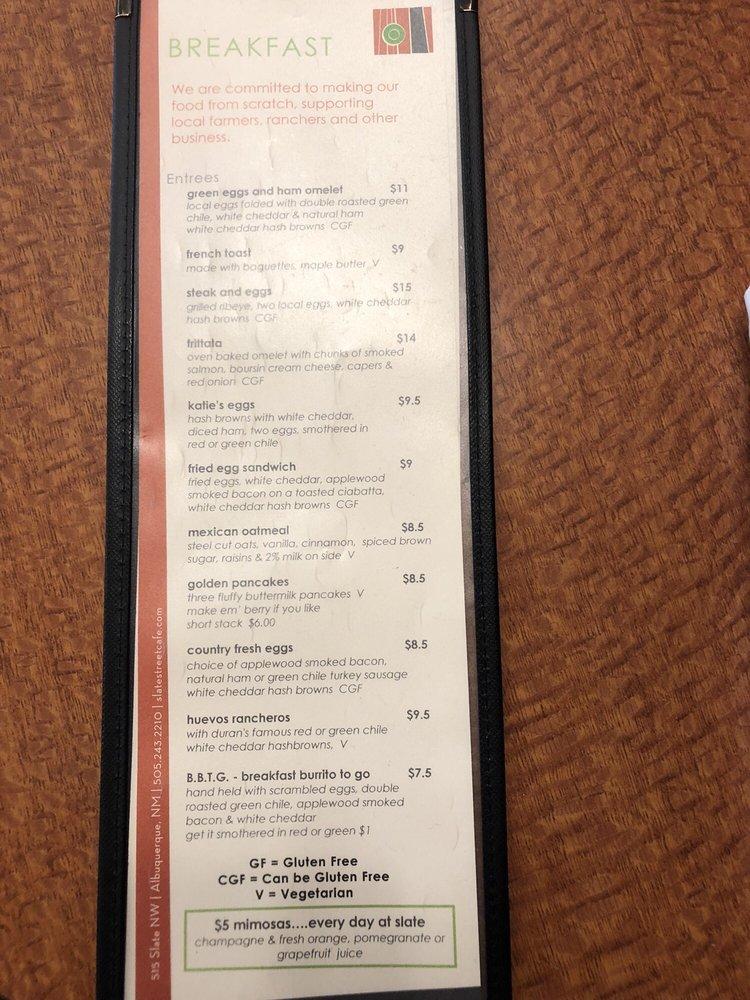 Menu at Slate Street Cafe, Albuquerque, 515 Slate Ave NW