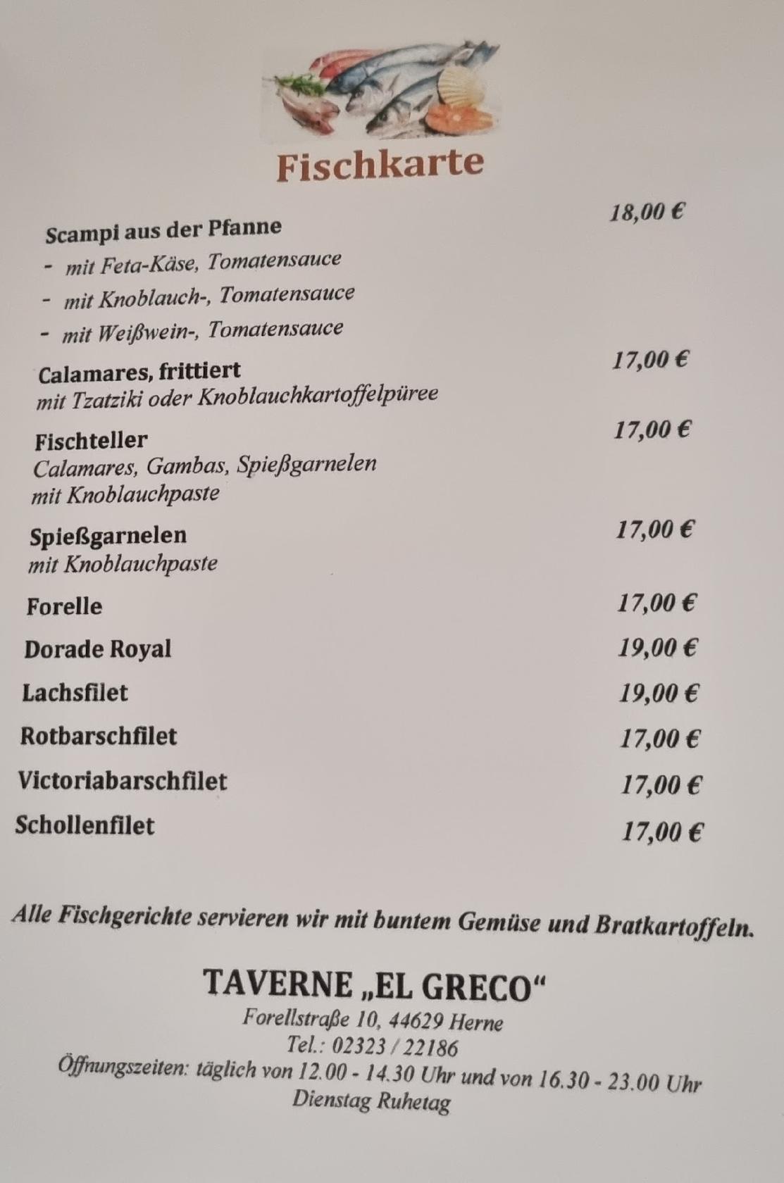 Menu at Taverne El Greco restaurant, Herne, Forellstraße 10