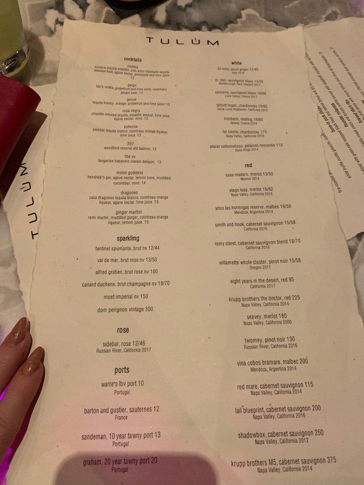 Menu at Tulum restaurant, Dallas