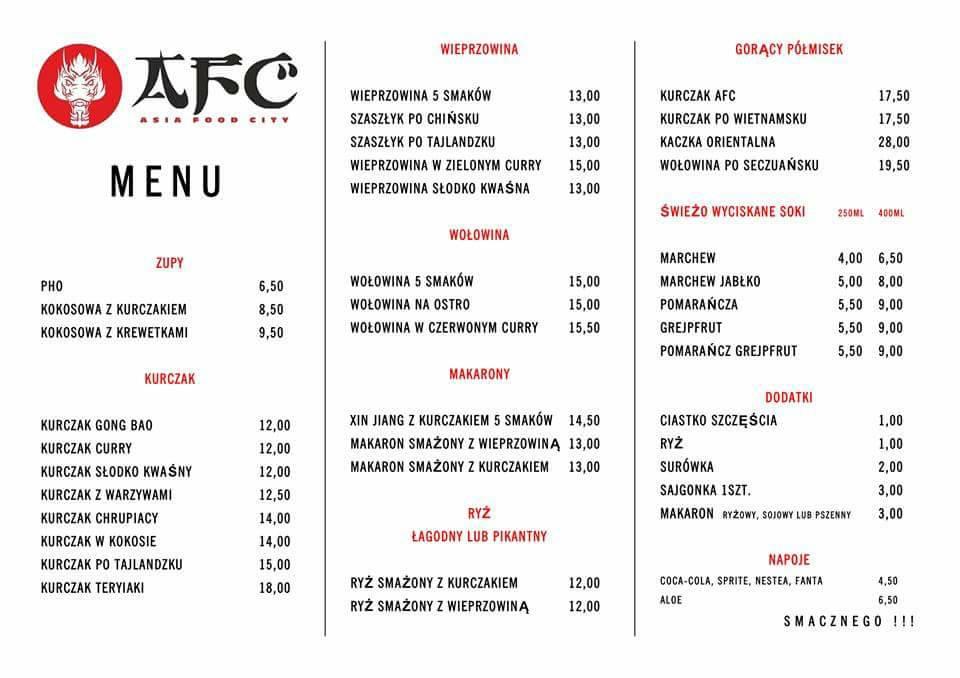 Menu at AFC Asia Food City restaurant, Kielce
