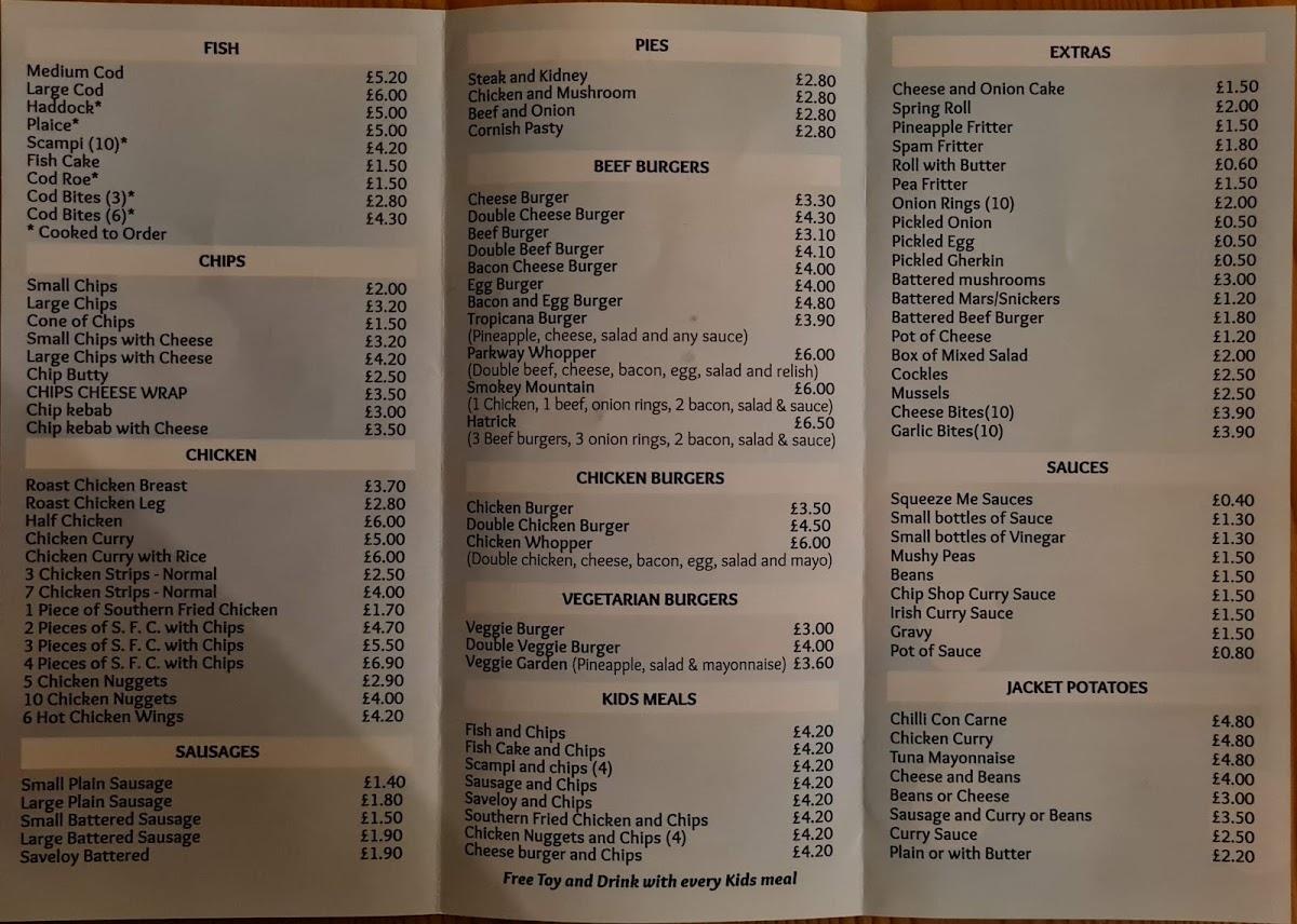 Menu at Blue Fish restaurant, Bridgwater