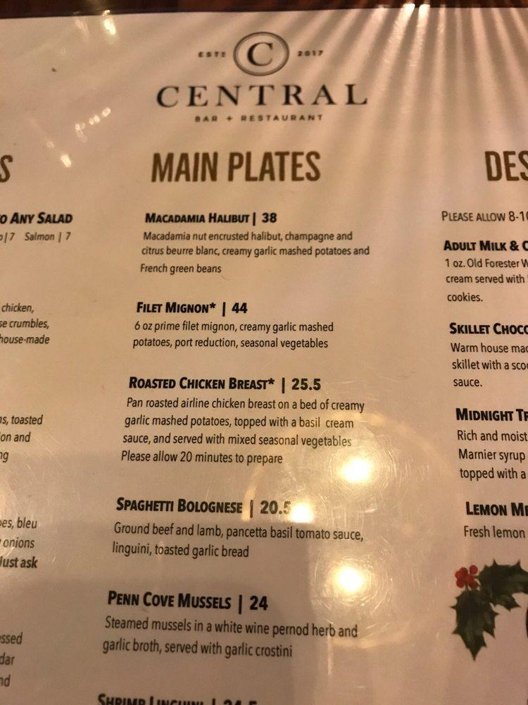 Menu at Central Bar + Restaurant, Bellevue