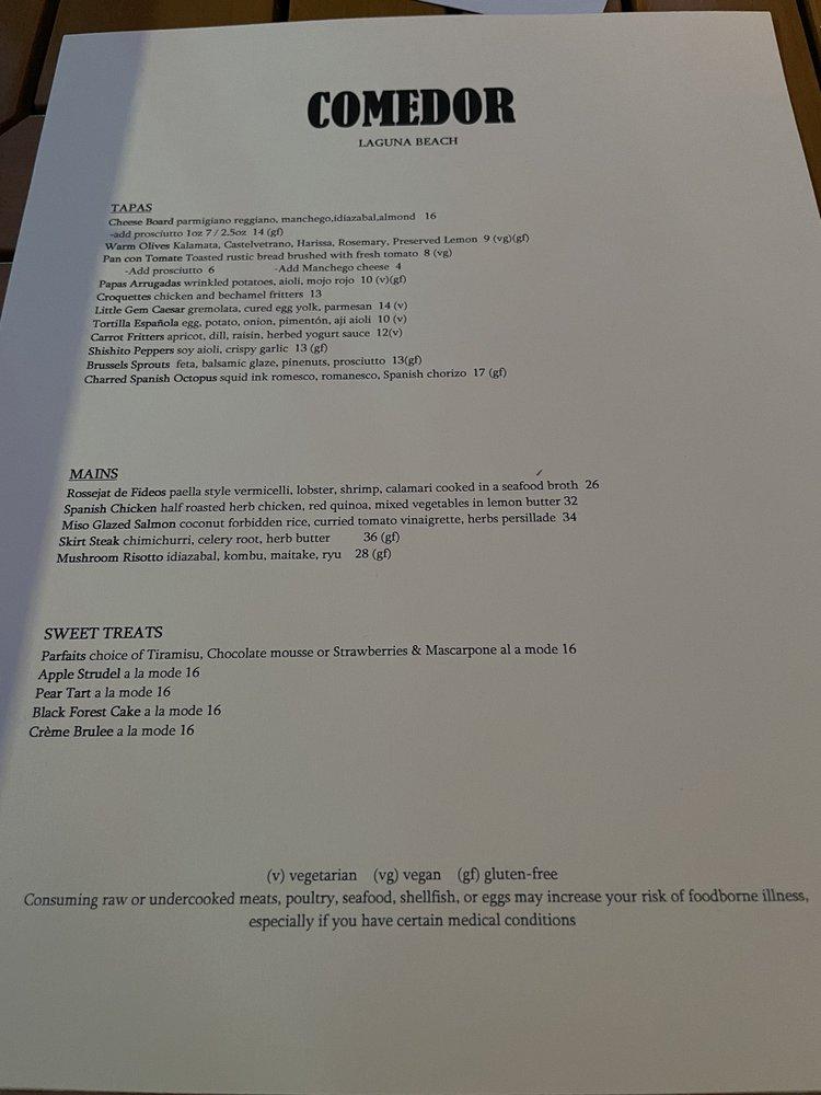 Menu at Comedor pub & bar, Laguna Beach