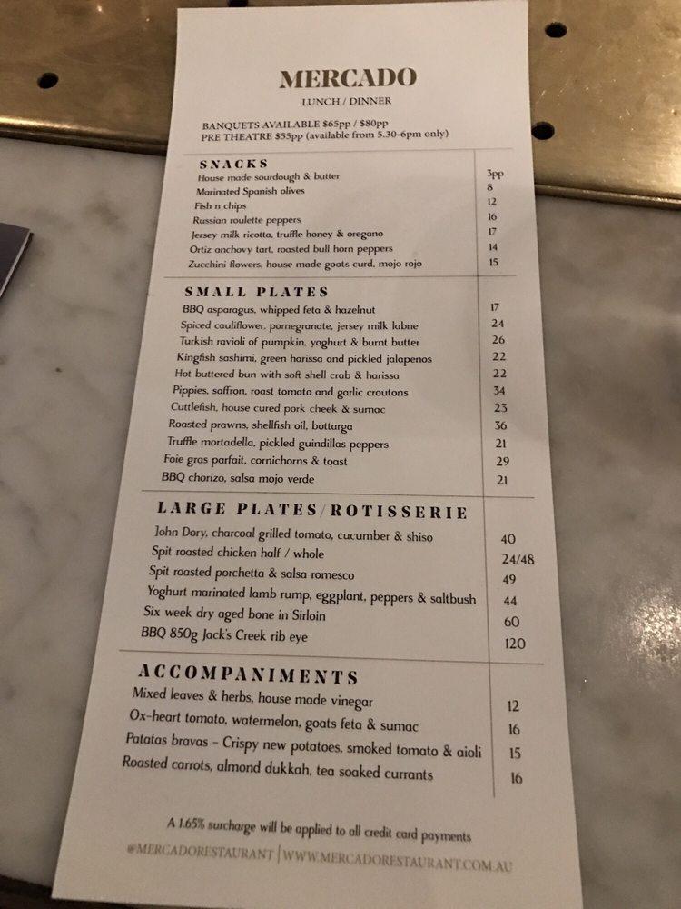 Menu at Mercado restaurant, Sydney