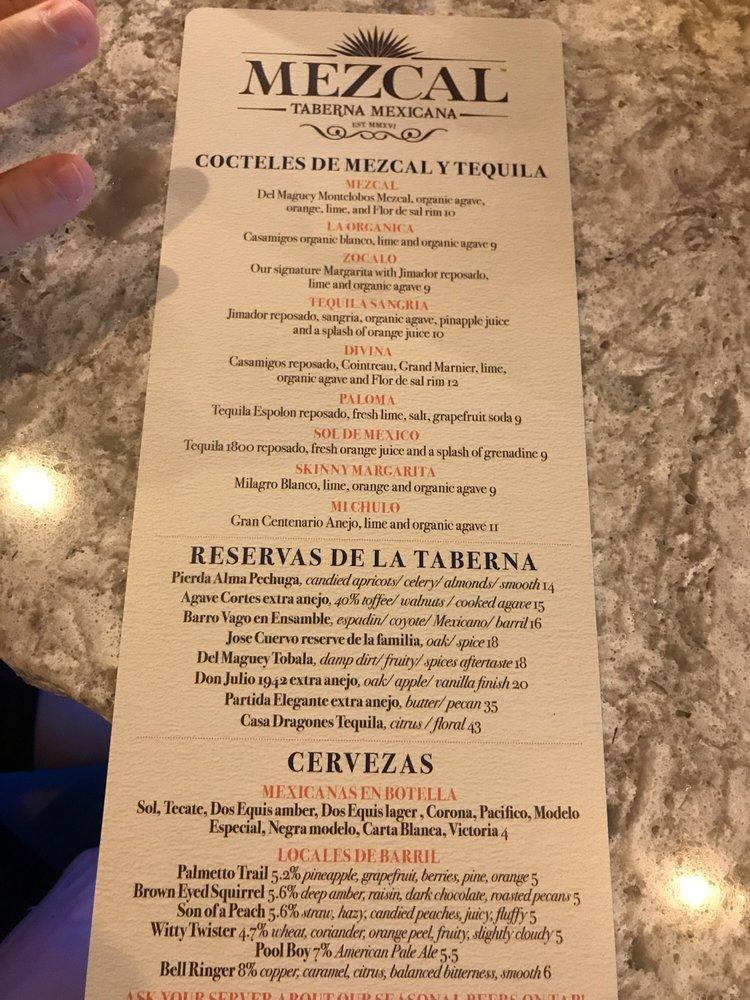 Menu at Mezcal Taberna Mexicana restaurant, Spartanburg