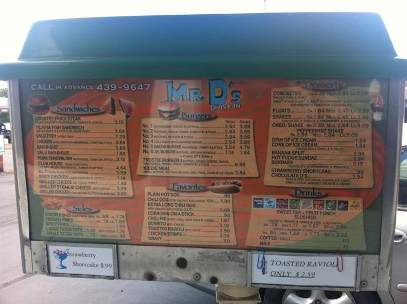 Menu at Mr D's restaurant, Benton