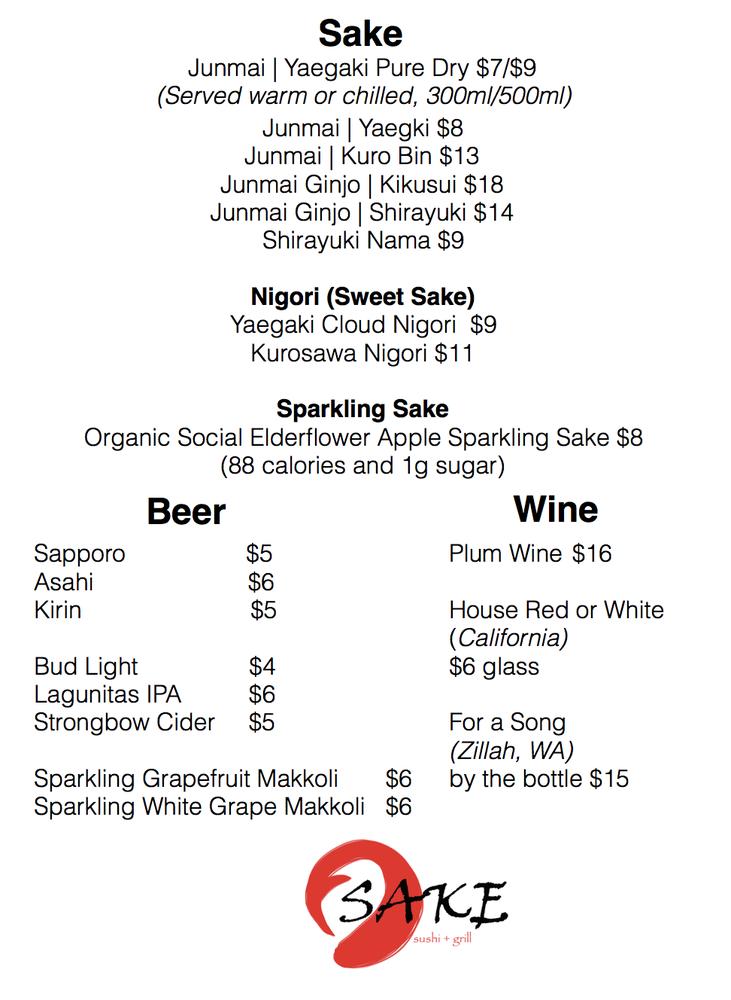 Menu at Sake Sushi + Grill restaurant, Tacoma, N 26th St
