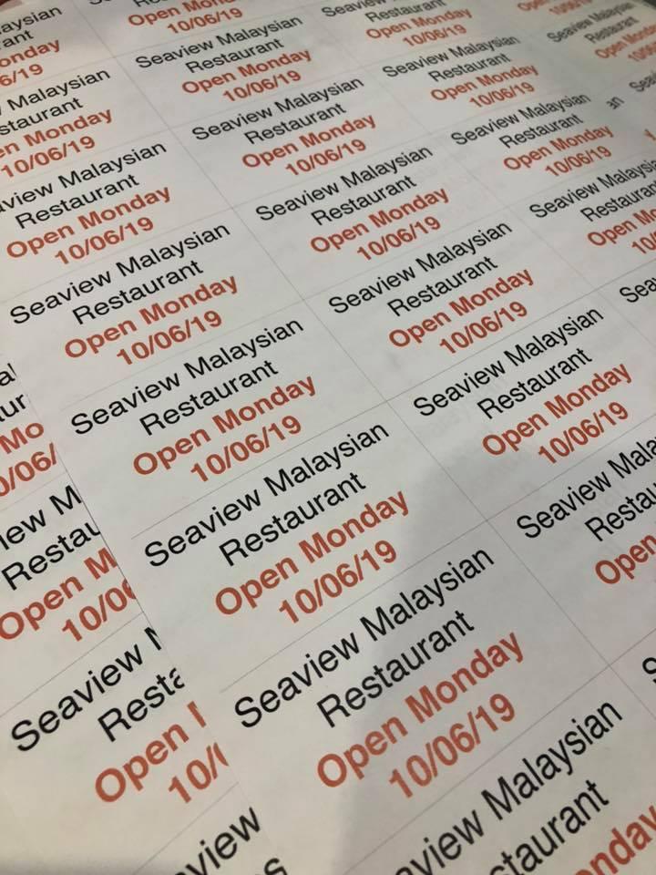 Menu at Seaview Malaysian restaurant, Redhead
