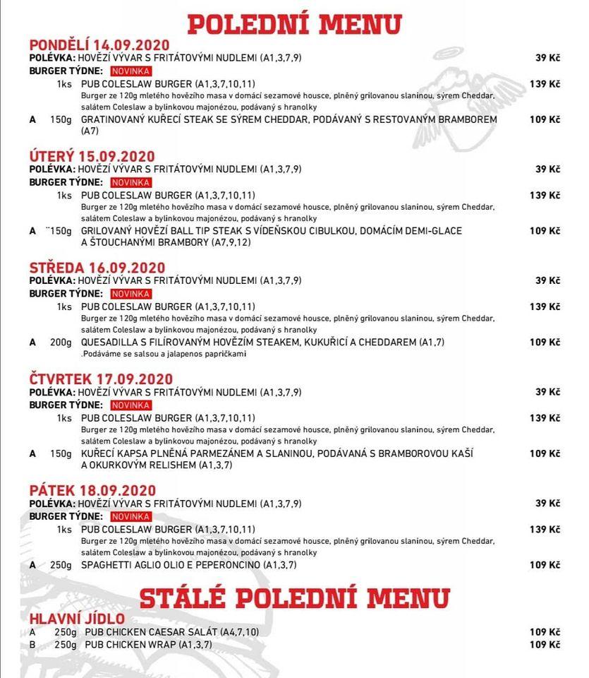 Menu at The PUB Plzeň, Pilsen, Pražská 1