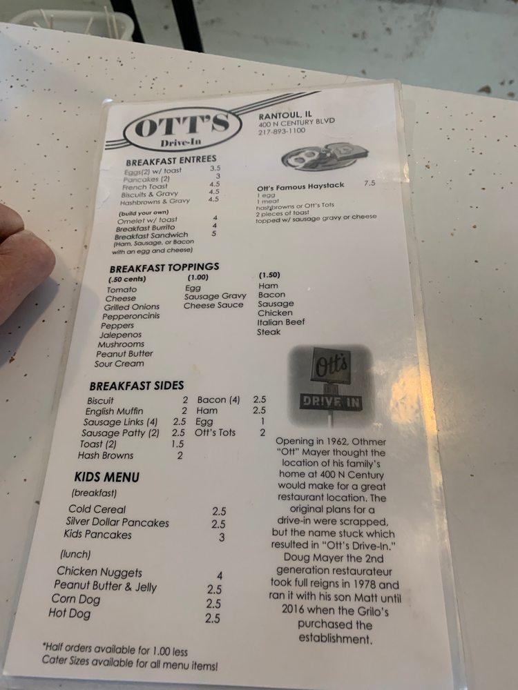 Menu at Ott's Drive In restaurant, Rantoul