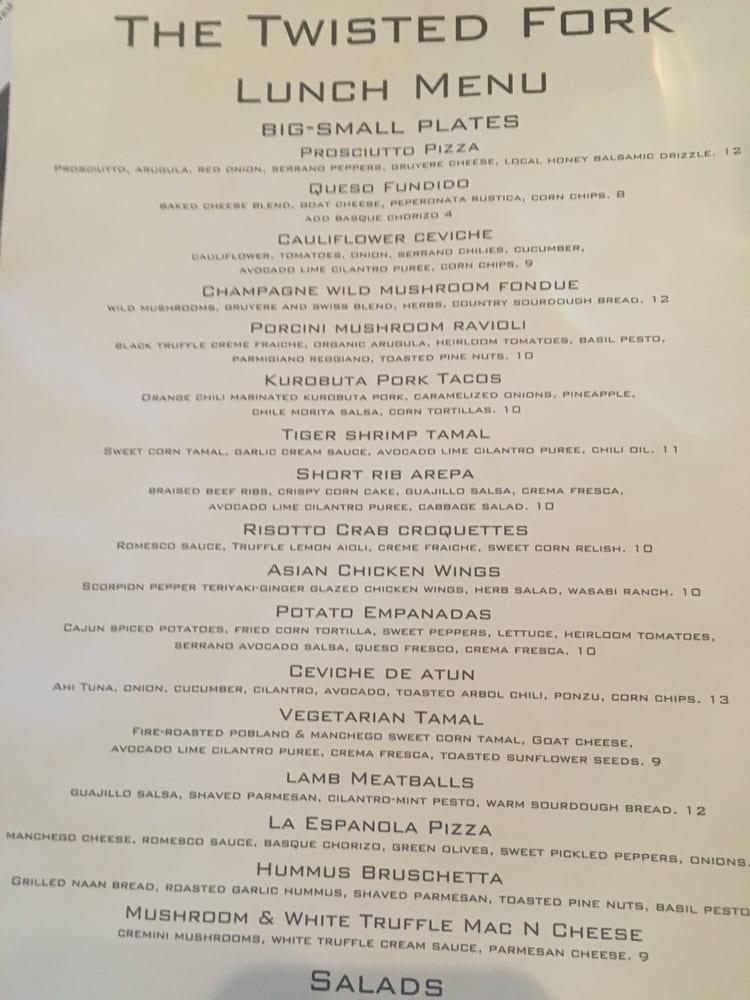 Menu at The Twisted Fork restaurant, Reno