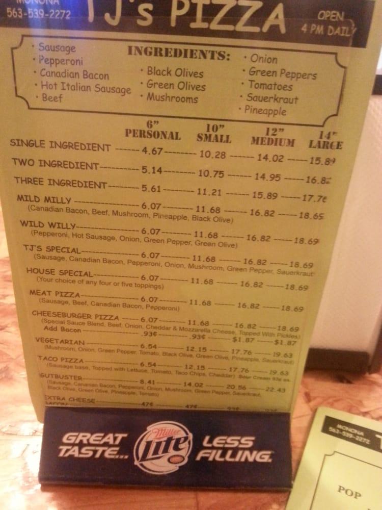 Menu at TJ's Pizza pizzeria, Monona