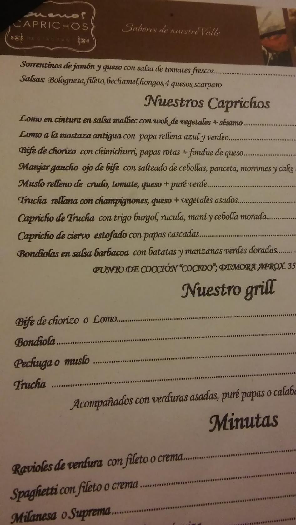 Carta del restaurante Buenos Caprichos, Neuquen