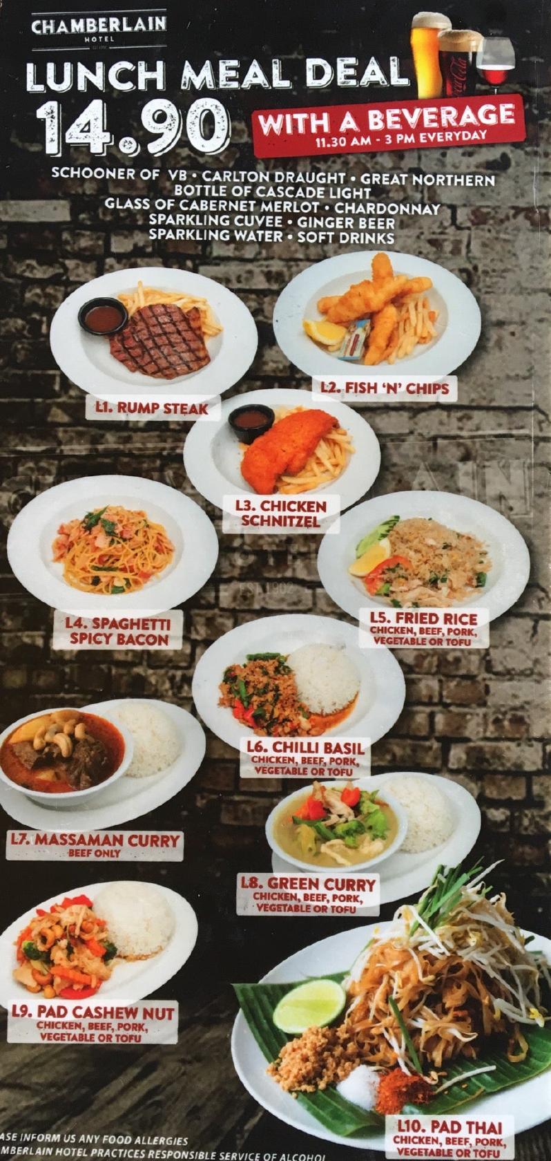 Menu at Chamberlain Hotel (C-Bar), Haymarket, 428 Pitt St