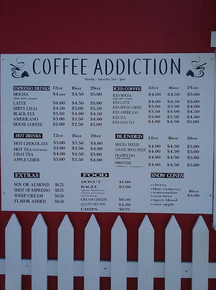 Menu at Coffee Addiction, Red Bluff