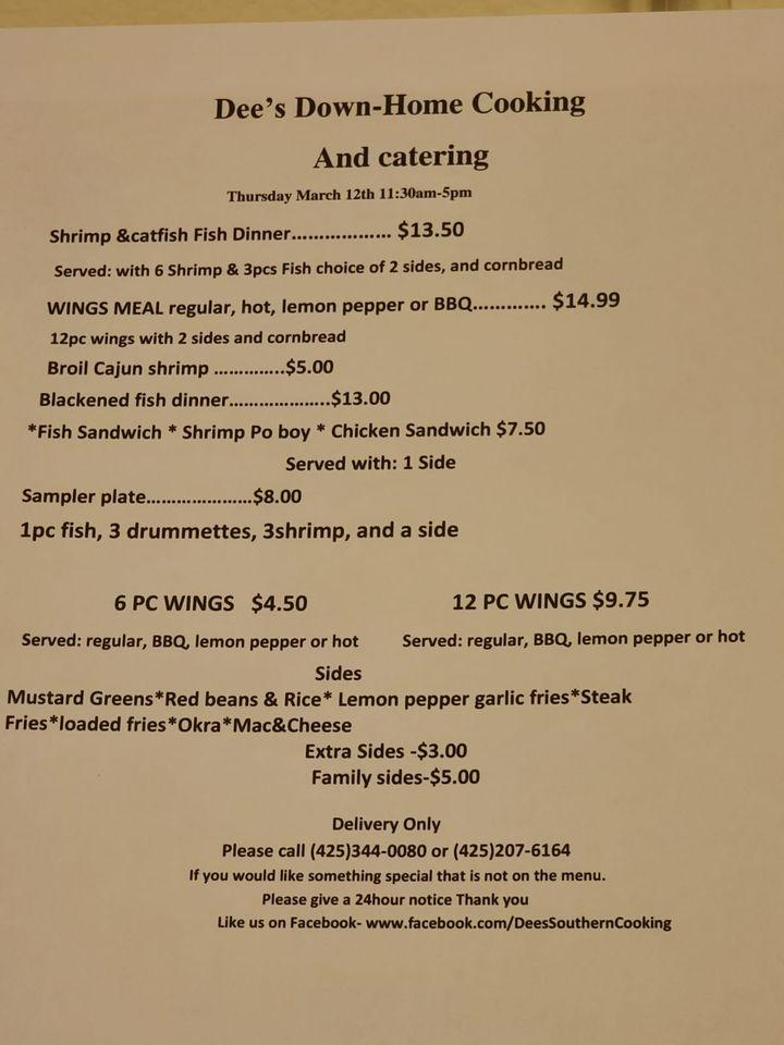 Menu at Dee's Southern Cooking restaurant, Everett