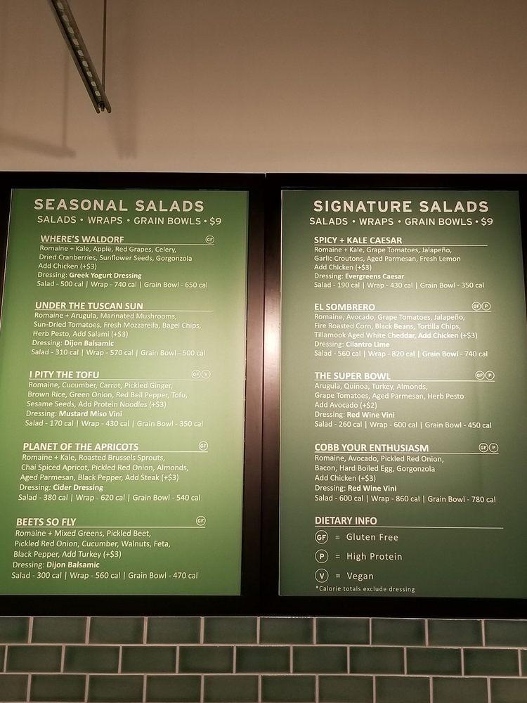 Menu at Evergreens restaurant, Beaverton