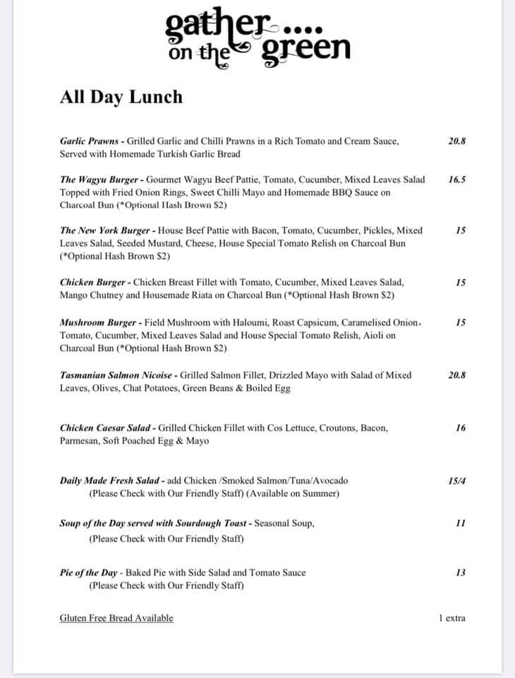 Menu at Gather On The Green restaurant, Camperdown