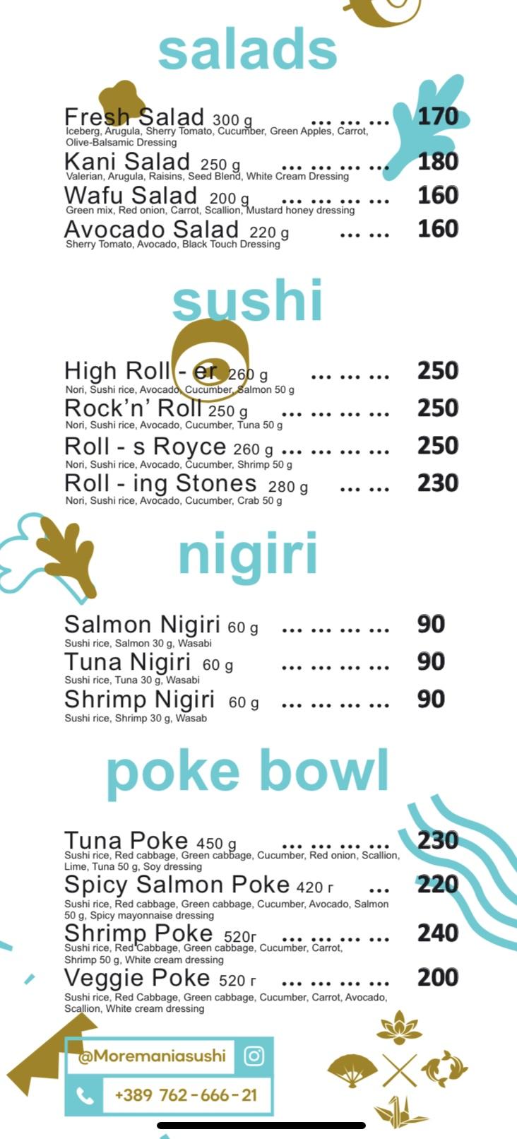 Menu at More Mania Sushi & Poke, Skopje