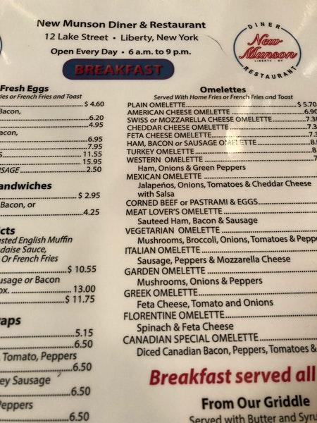 Menu at New Munson Diner restaurant, Liberty