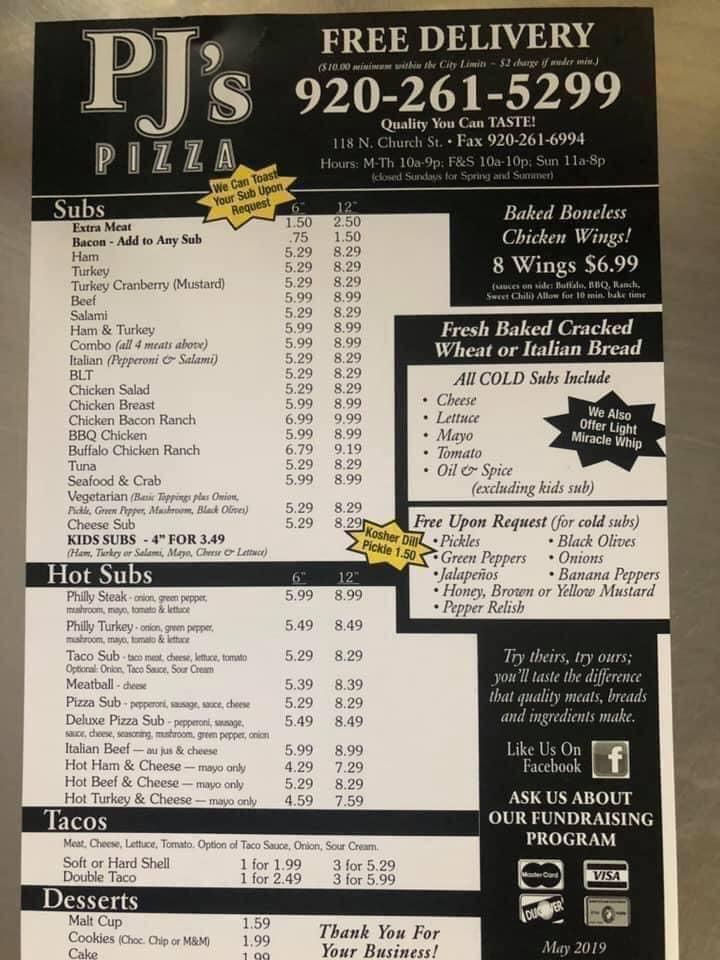 Menu at PJ's Pizza pizzeria, Watertown