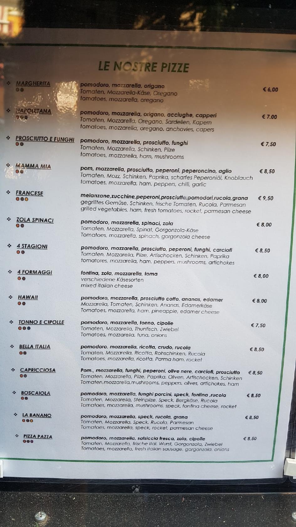 Menu au Sano Banano pizzeria, Cannero Riviera
