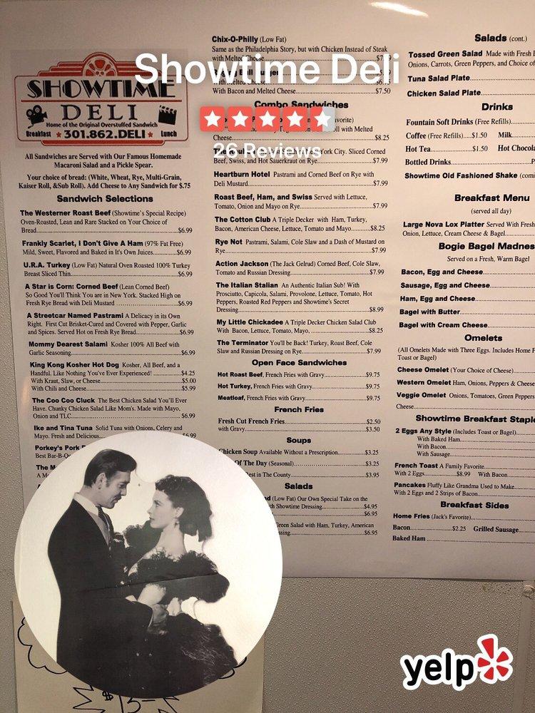 Menu at Showtime Deli restaurant, Lexington Park