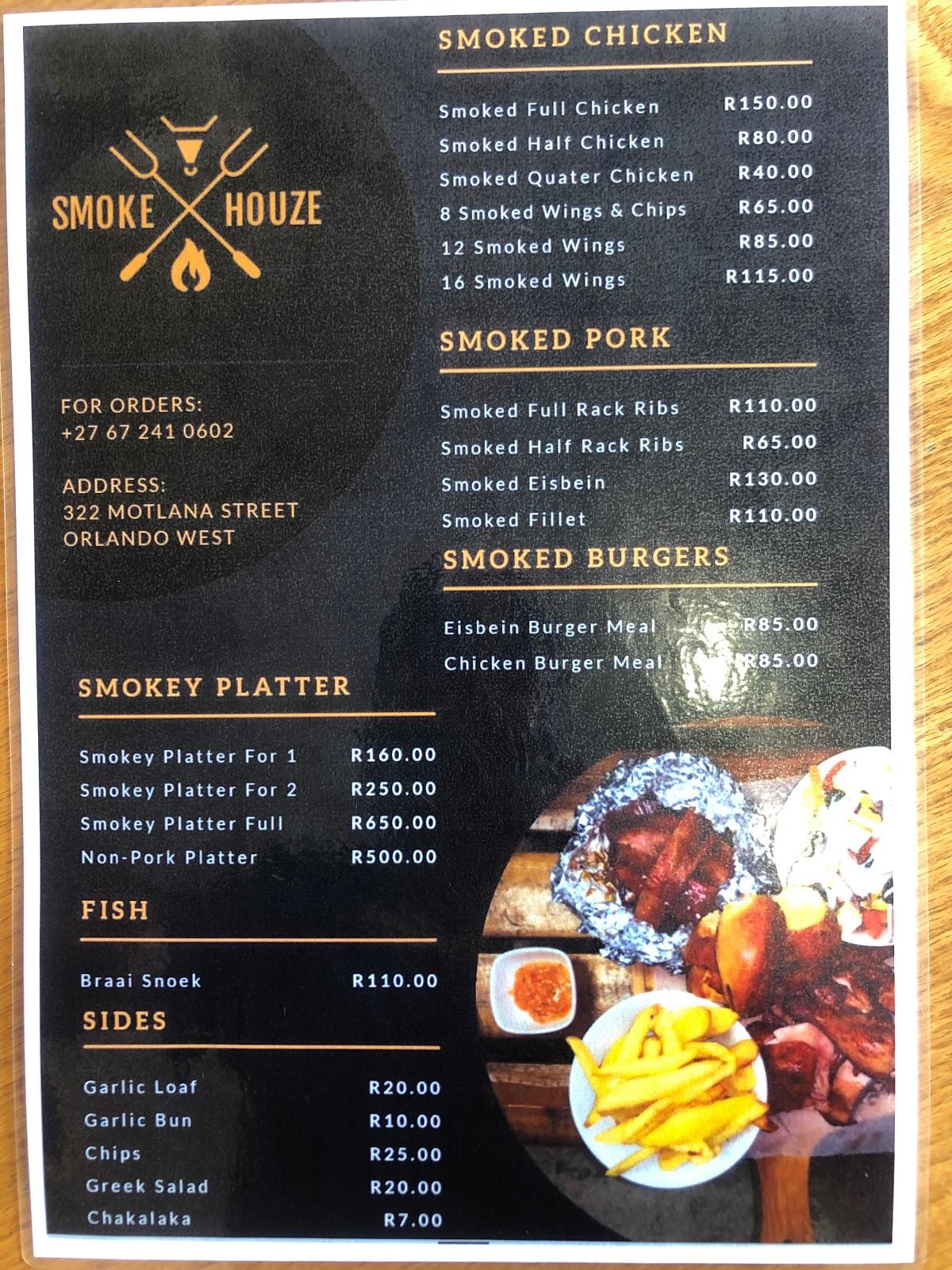 Menu at Smokeville restaurant, Soweto, 881 Motlana St