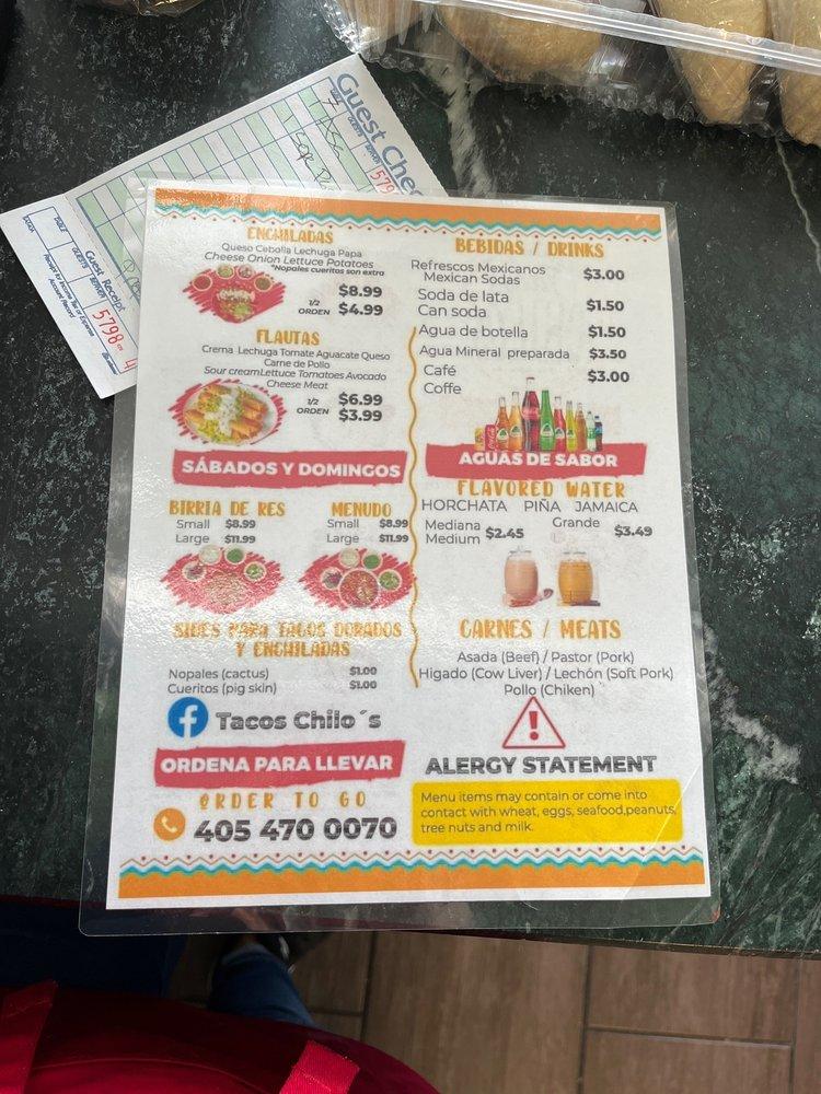 Menu at Tacos Chilo’s restaurant, Warr Acres