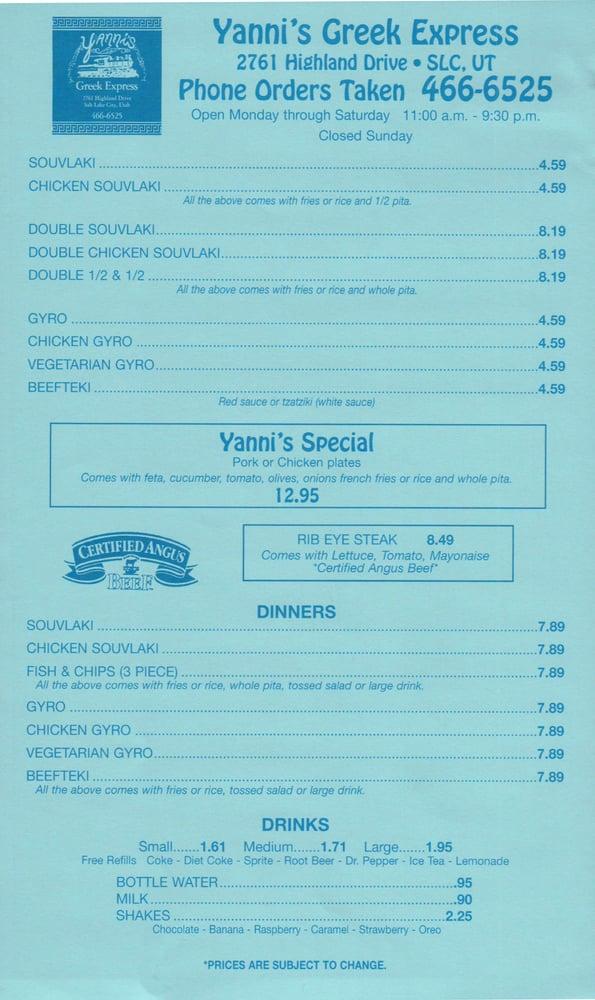 Menu at Yanni's Greek Express restaurant, Salt Lake City