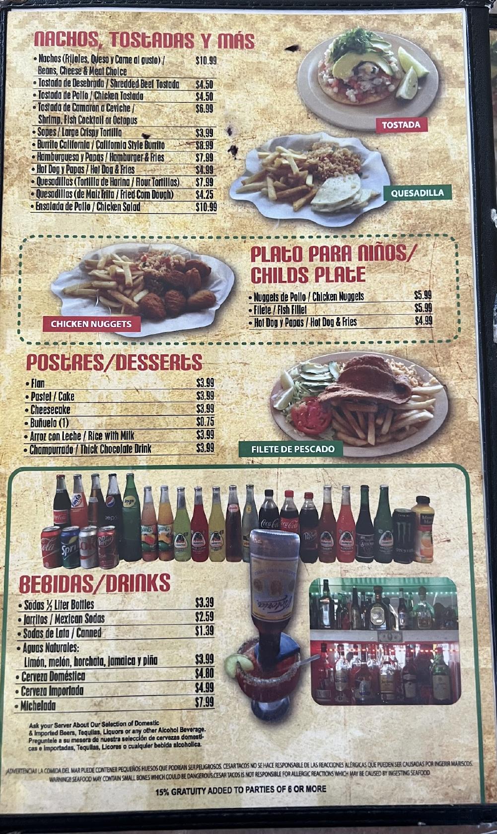 Menu at Cesar's Tacos restaurant, Fort Worth