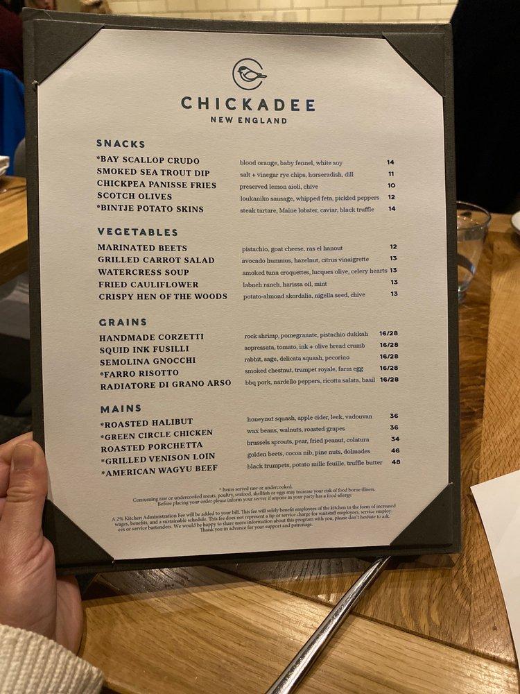 Menu at Chickadee pub & bar, Boston, 21 Drydock Ave