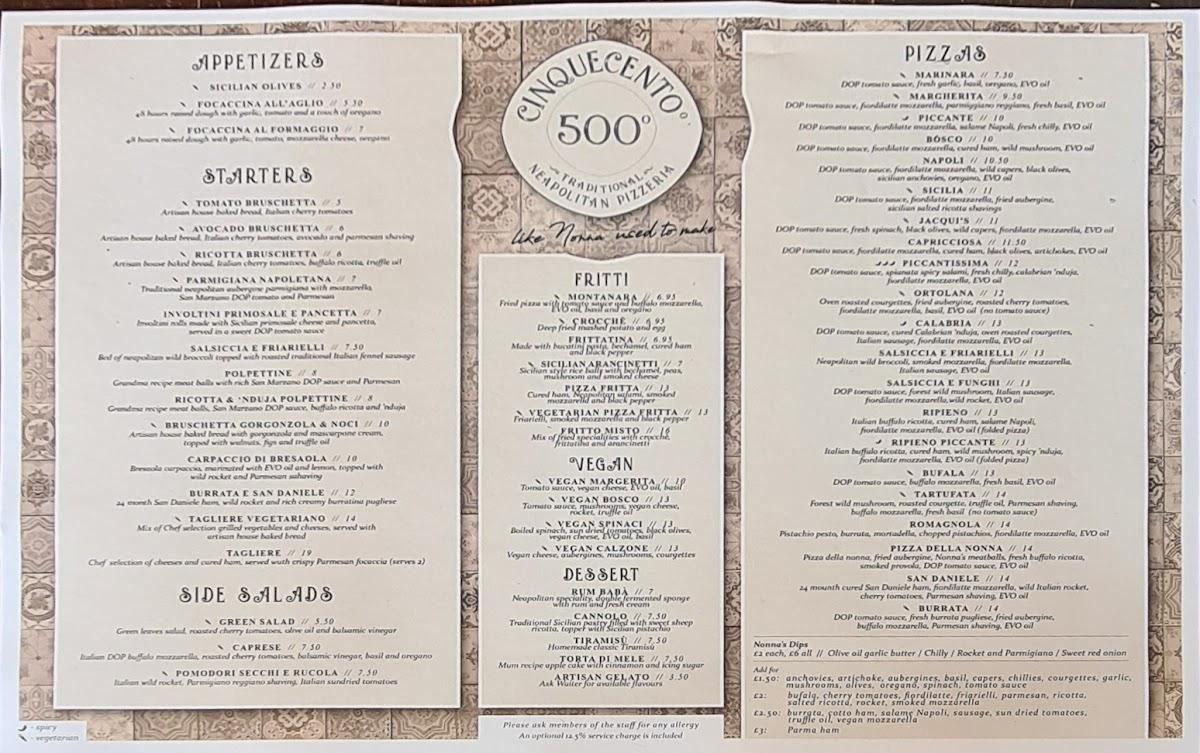 Menu at Cinquecento restaurant, London, 1 Cale St