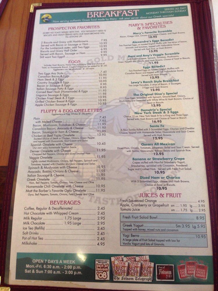 Menu at Gold Miner Cafe, Folsom