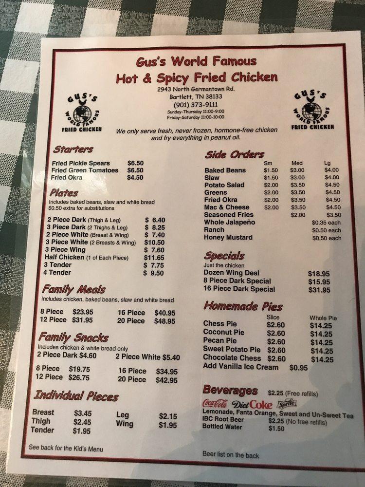 Menu at Gus's World Famous Fried Chicken restaurant, Bartlett, N ...