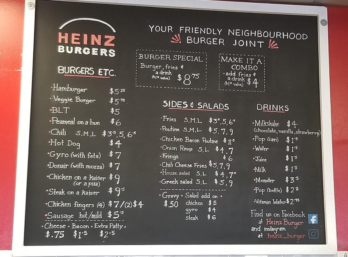 Menu at Heinz Burger Co. restaurant, Barrie
