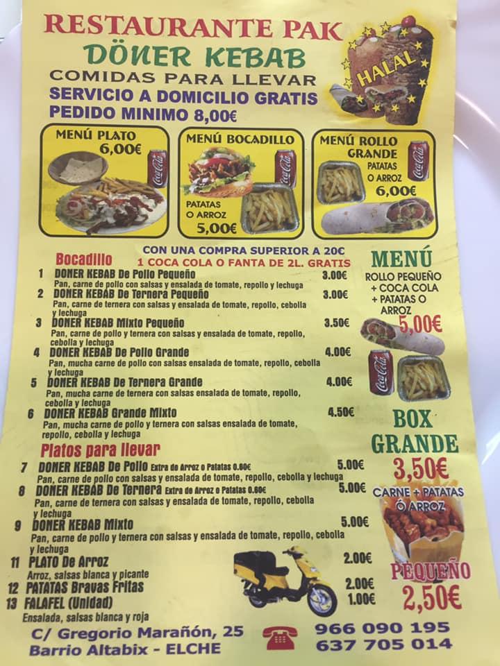 Menu at Pak, Döner Kebab restaurant, Elche