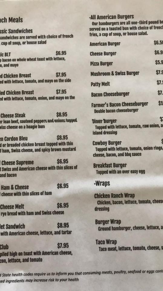 Menu at Sandy's Diner restaurant, Markesan
