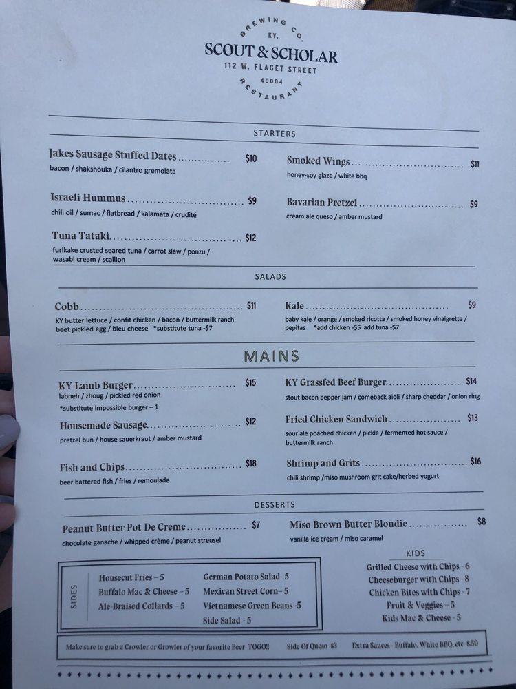 Menu at Scout & Scholar Brewing Co. restaurant, Bardstown