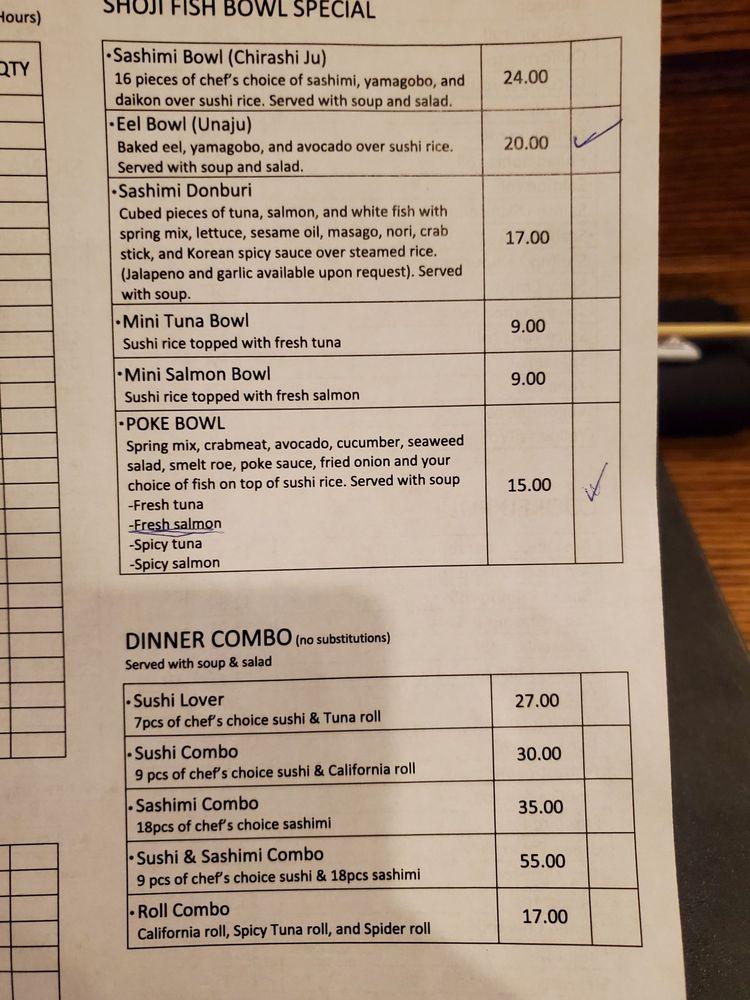 Menu at Shoji Sushi & Hibachi restaurant, Frisco