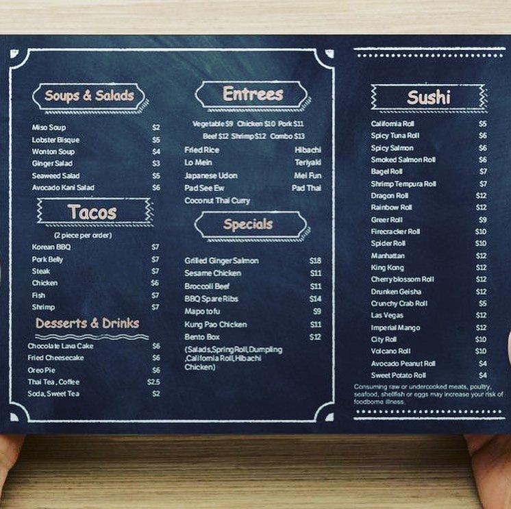 Menu at Sushi Shack restaurant, Greer