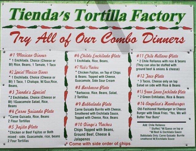 Menu at Tienda's Tortilla Factory restaurant, Levelland