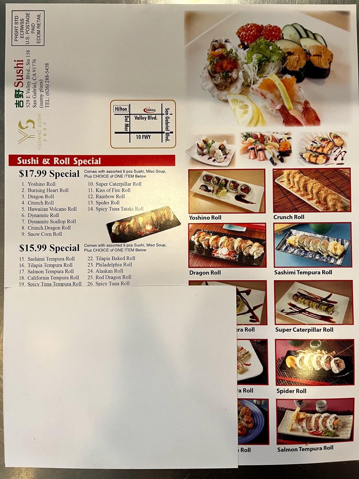 Menu at Yoshino sushi BBQ, San Gabriel