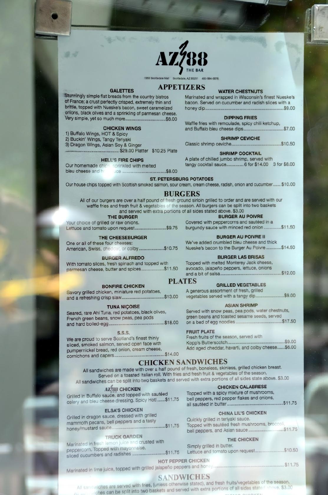 Menu at AZ/88 pub & bar, Scottsdale