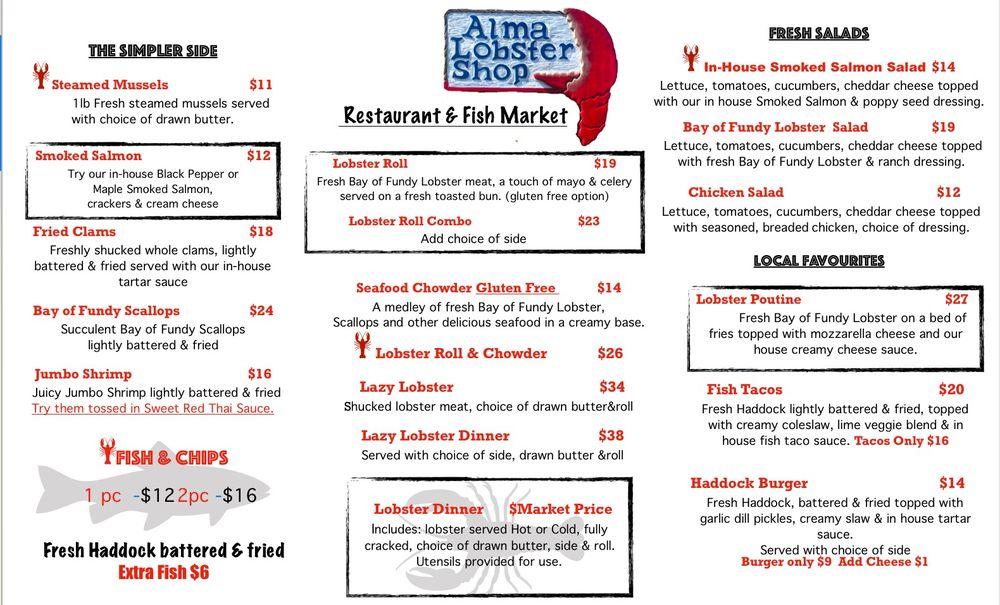 Menu at Alma Lobster Shop restaurant, Alma
