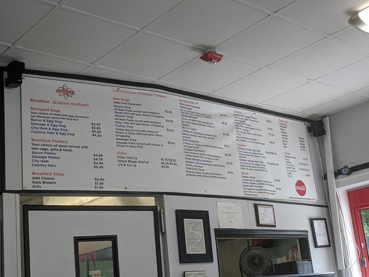 Menu at Andrews Atomic Dogs restaurant, Spartanburg