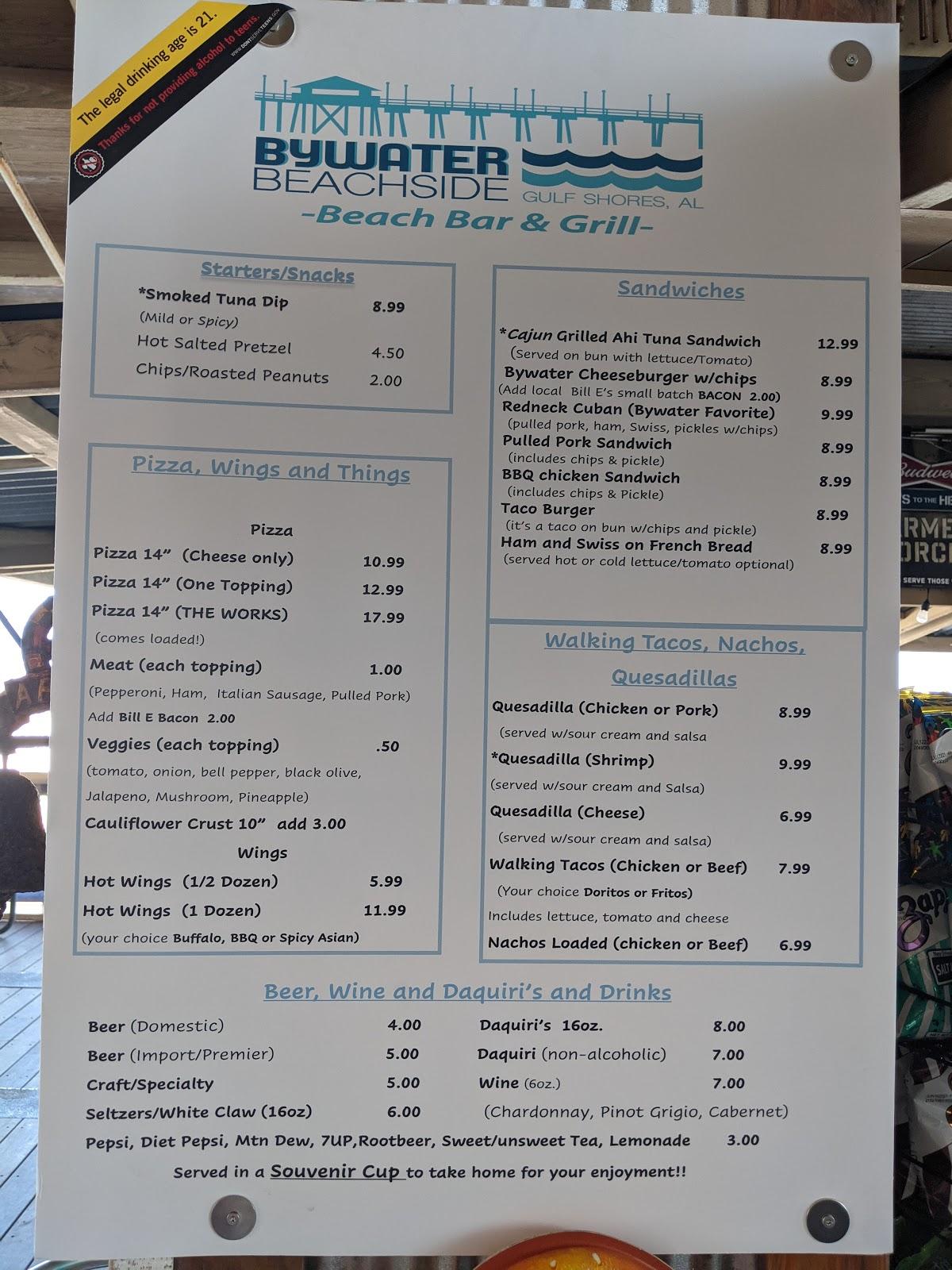Menu at Bywater Beachside pizzeria, Gulf Shores, E Beach Blvd