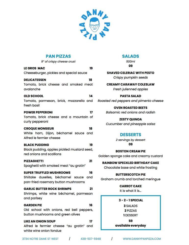 Menu at Danny Pan Pizza Notre Dame pizzeria, Montreal