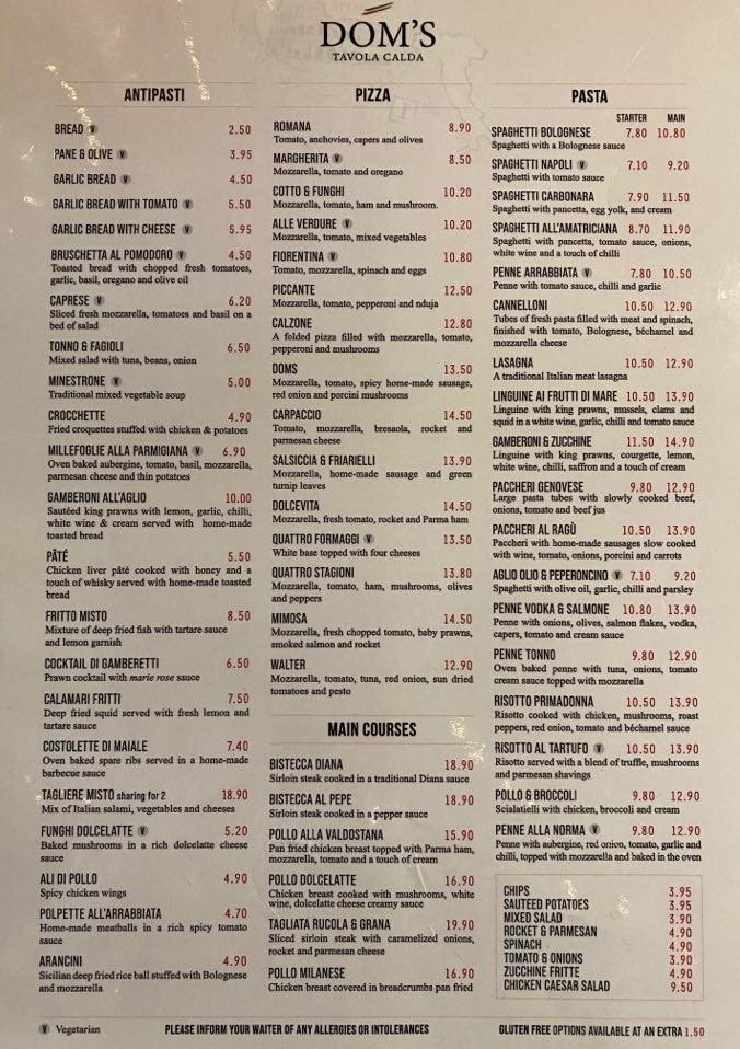 Menu at Dom's Italia restaurant, Manchester