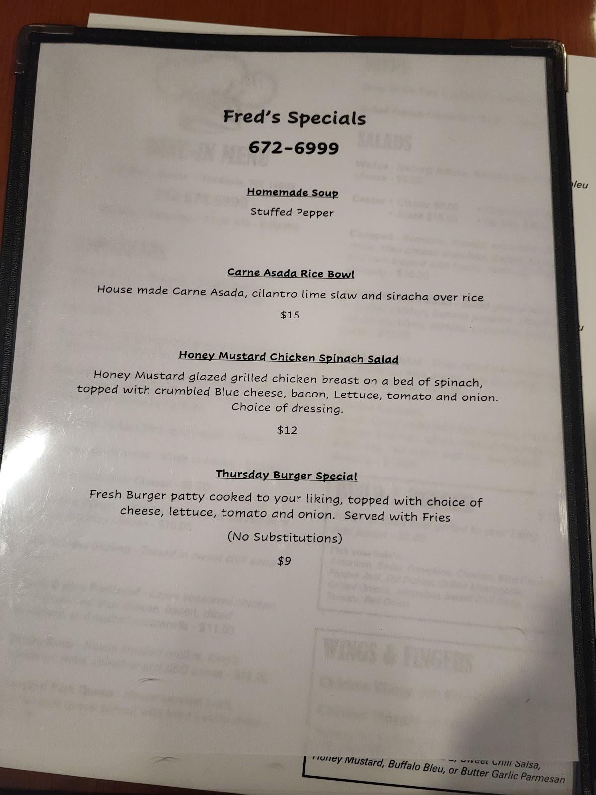 Menu at Fred's restaurant, Fredonia